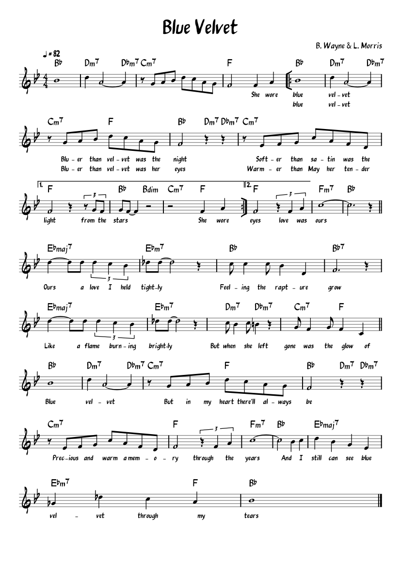 Blue Velvet Sheet Music with Chords for Piano (Solo) Easy | MuseScore.com