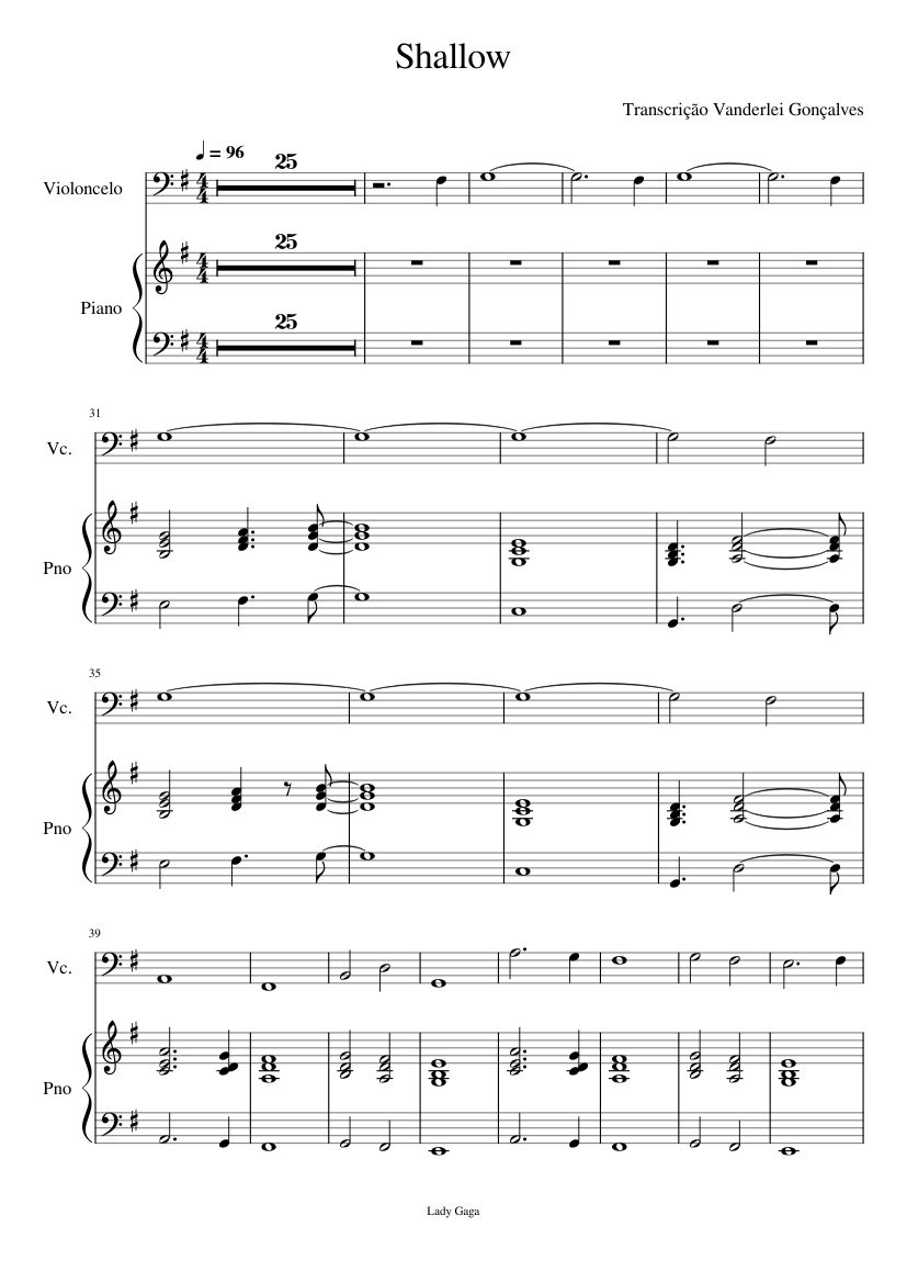 Shallow – Lady Gaga Cello e Piano Sheet music for Piano, Cello (Piano ...