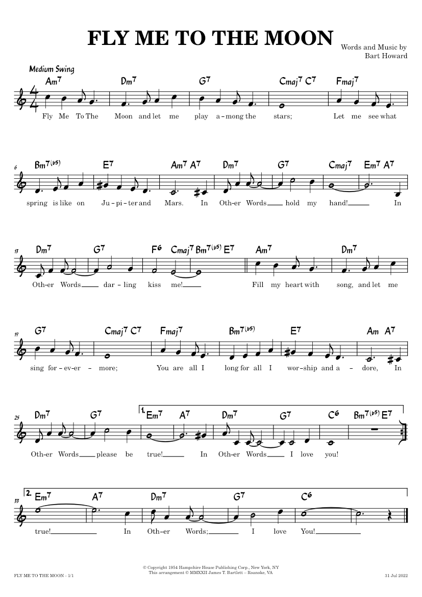 Fly Me To The Moon [lead sheet - C] Sheet Music with Chords for Piano ...