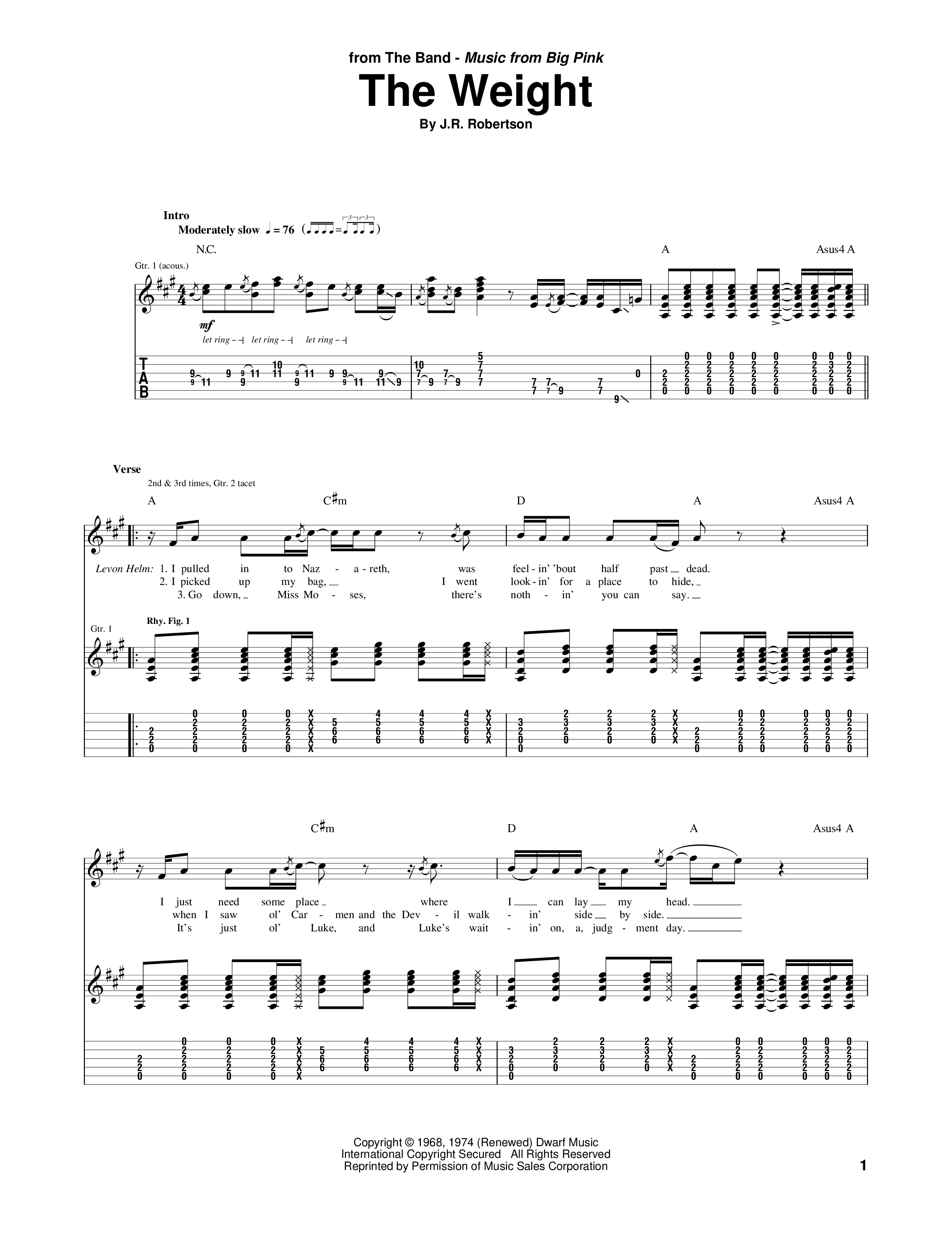 Play Official version of The weight sheet music by The Band for Guitar ...