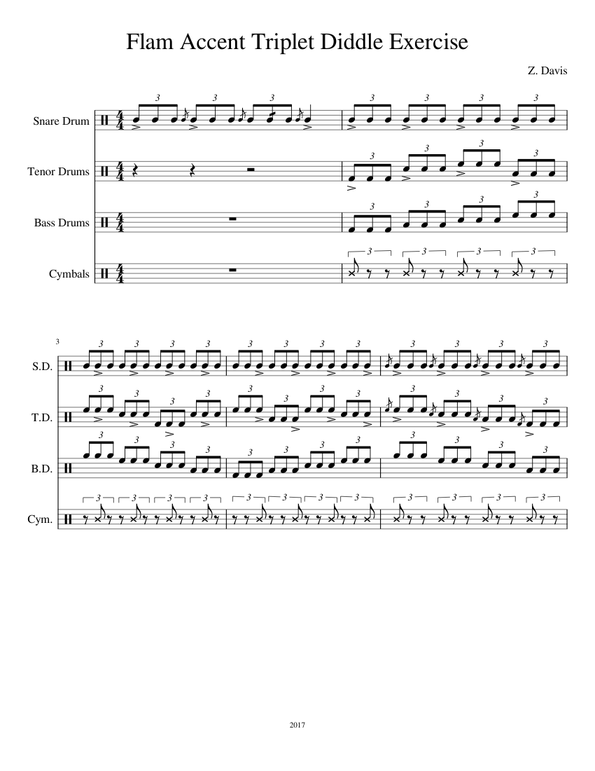 Flam Accent Triplet Diddle Exercise Sheet music for Snare drum, Crash, Tenor drum, Bass drum ...