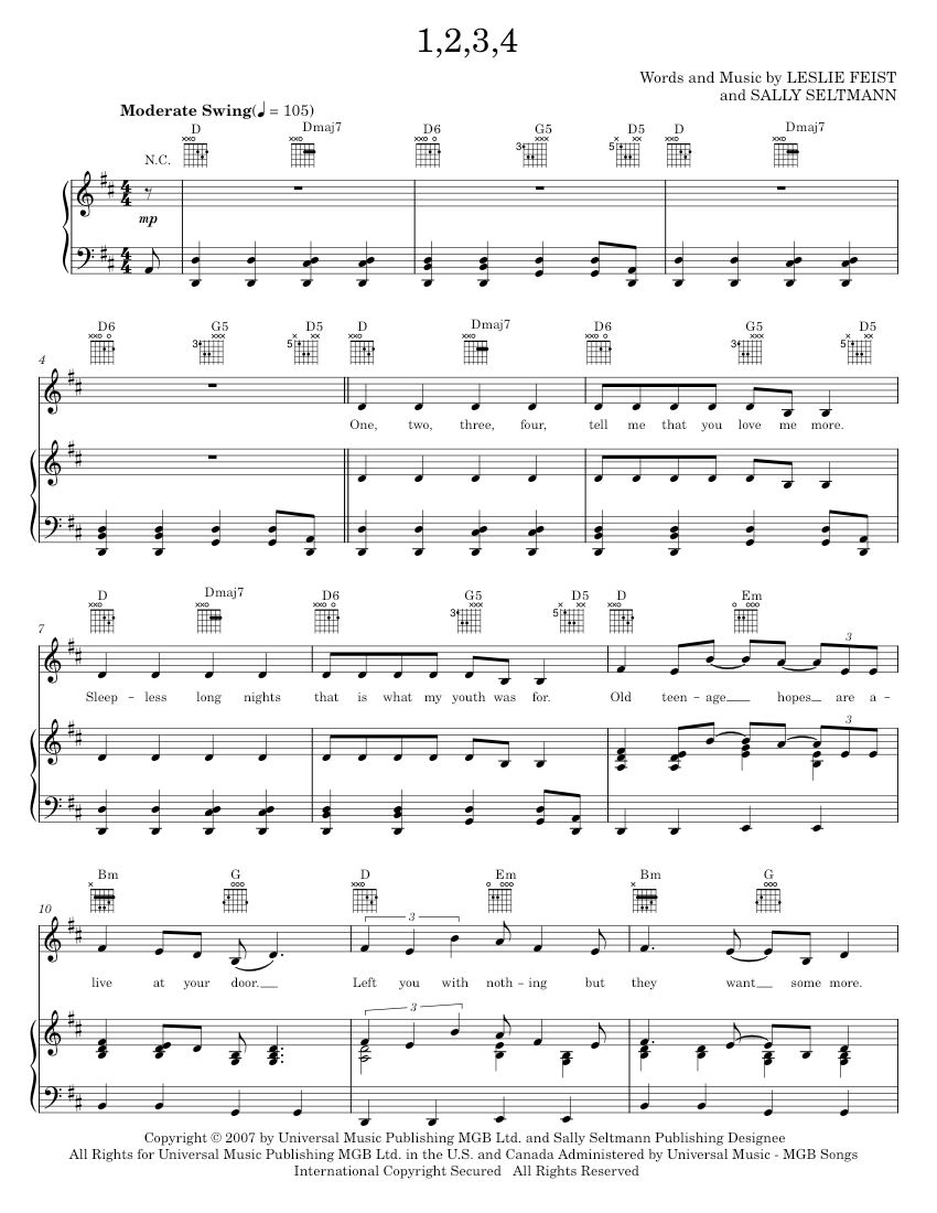 Play Official version of 1234 Sheet Music by Feist for Piano, Vocals ...