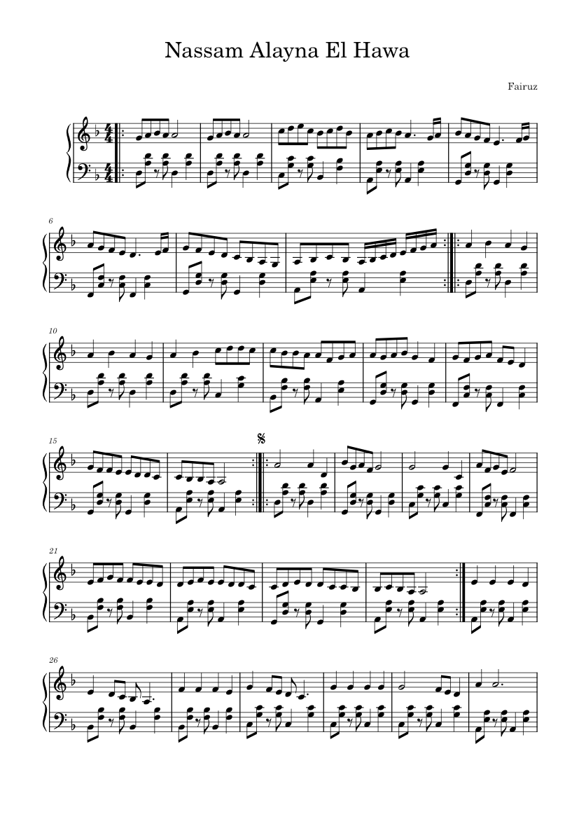 Nassam Alayna El Hawa - Fairuz Sheet Music for Piano (Solo) Easy ...