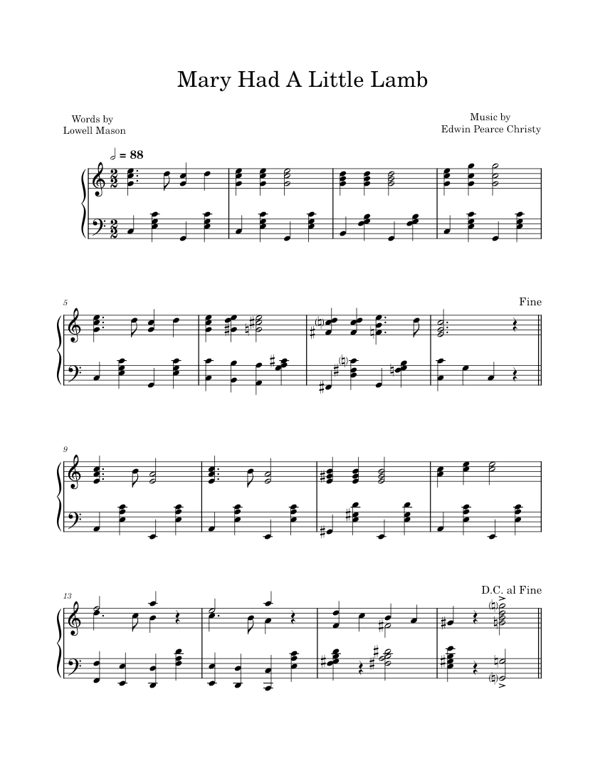 Mary Had A Little Lamb WITH RARE B SECTION Sheet Music for Piano (Solo ...