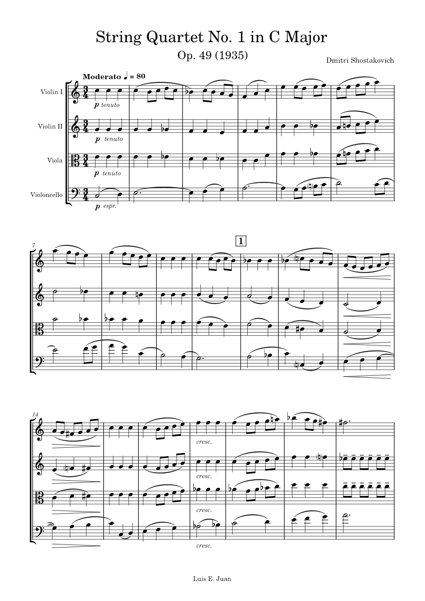 String Quartet No. 1 in C Major Op. 49 – Dmitri Shostakovich Sheet music for Violin, Viola ...