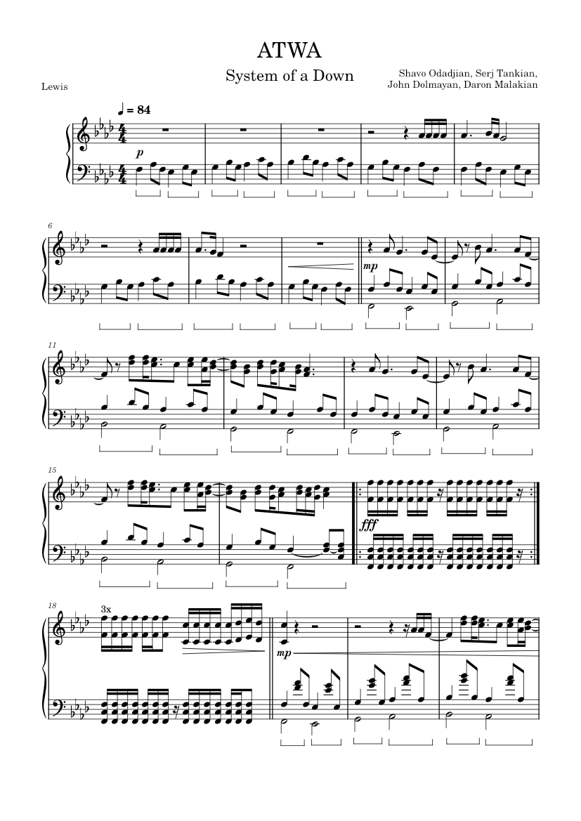 Atwa – System of a Down Sheet Music for Piano (Solo) | MuseScore.com