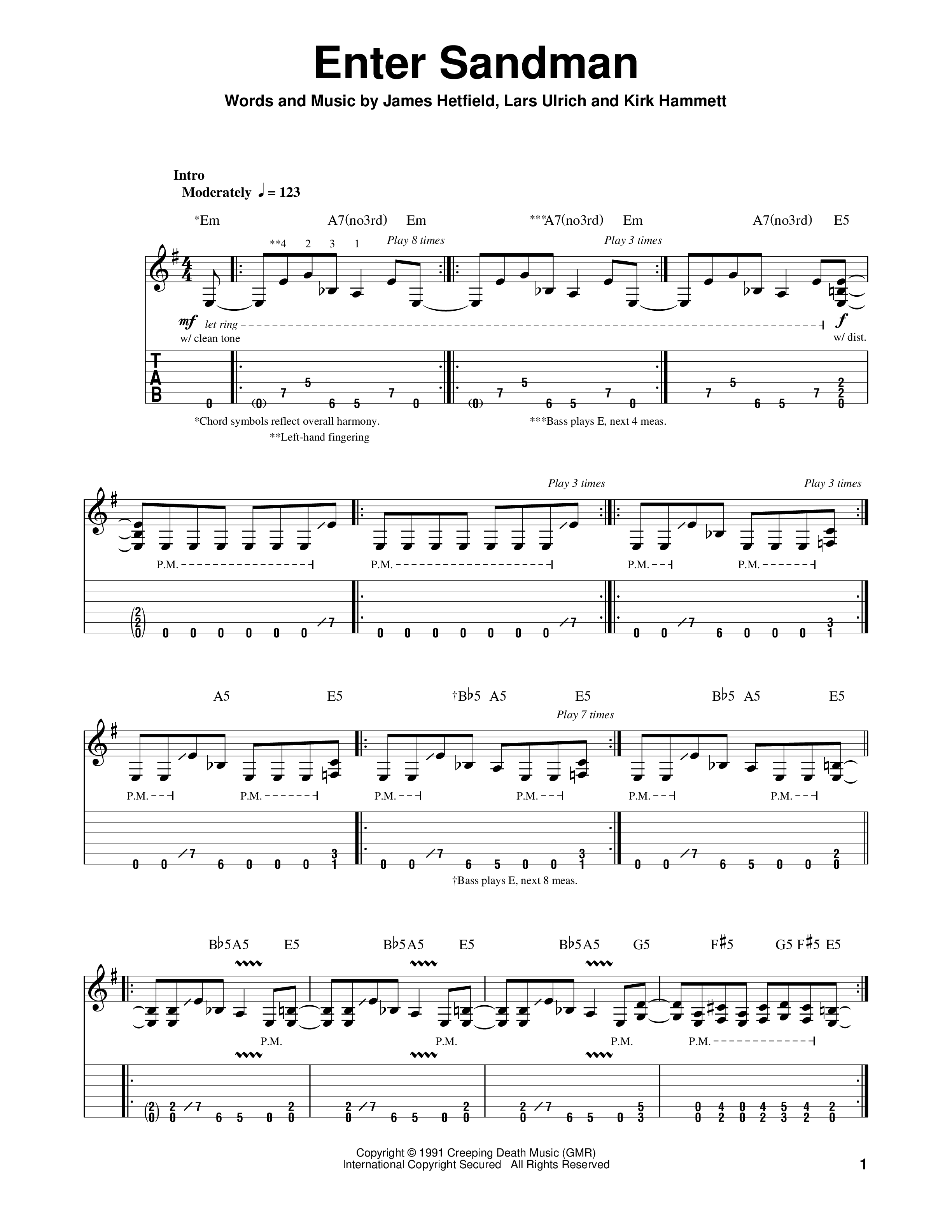 Play Official version of Enter sandman Sheet Music by Metallica for ...