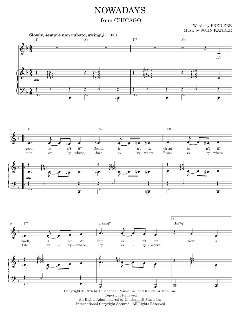 Nowadays (from Chicago) Sheet music for Piano, Vocals: Music Notes