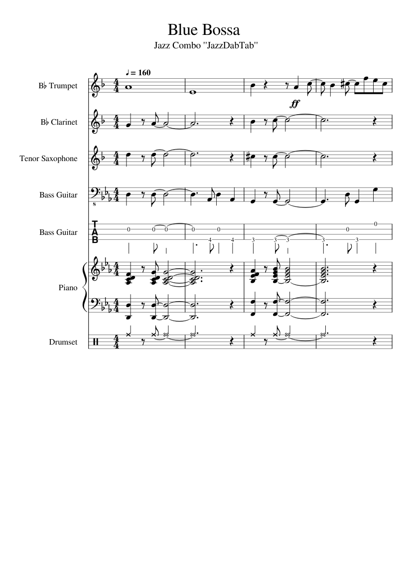 Blue Bossa Sheet Music and Tab for Piano, Clarinet in b-flat, Saxophone ...
