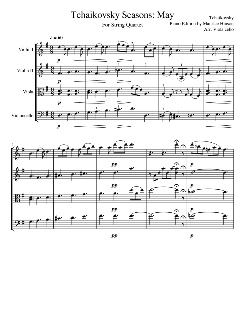 Tchaikovsky Seasons: May Sheet Music for Violin, Viola, Cello (String Quartet) | MuseScore.com
