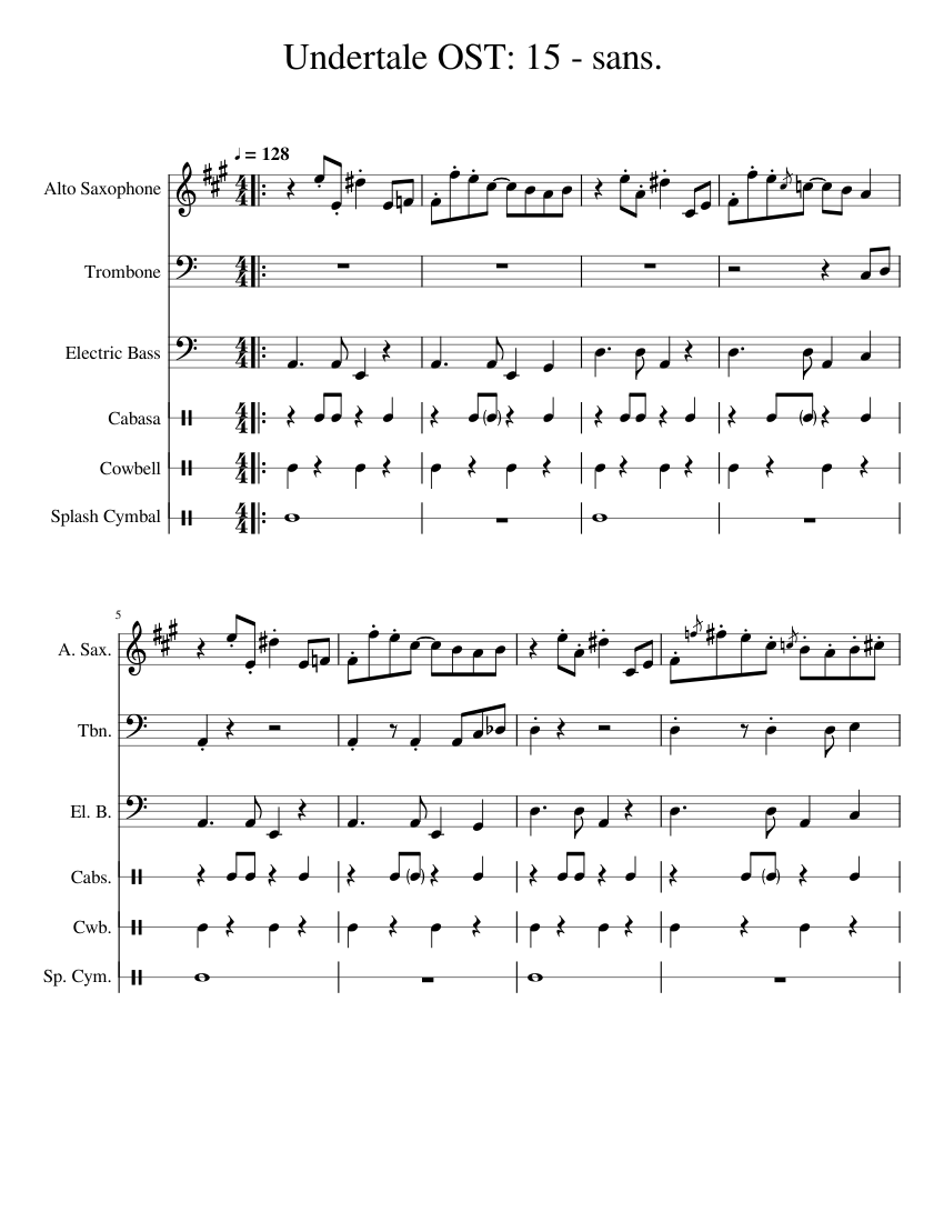 Undertale OST: 15 sans. Sheet music for Trombone, Saxophone alto, Bass ...