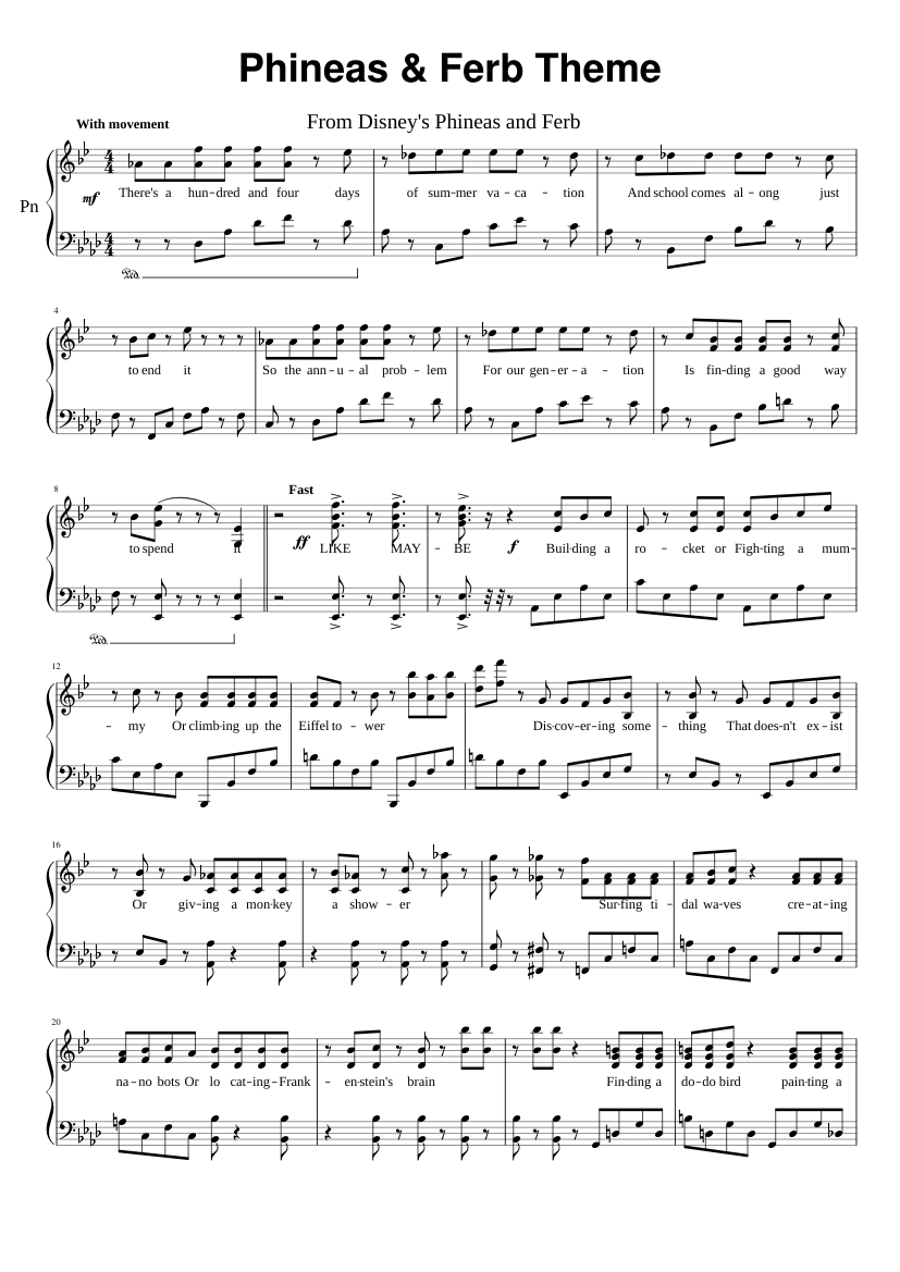 Phineas And Ferb Theme Song Sheet Music For Piano Organ And The Second 5909