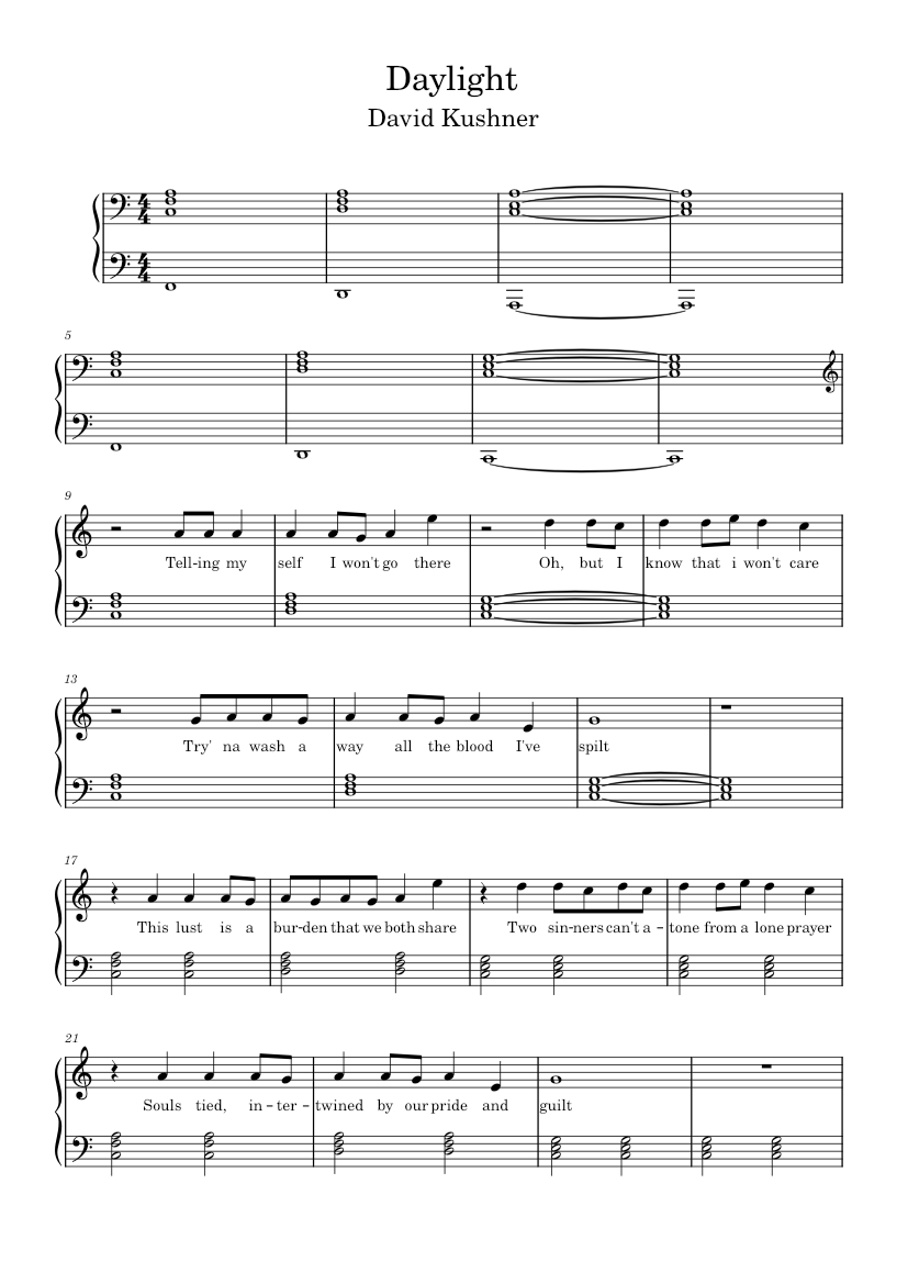 Daylight David Kushner - Easy Piano Arrangement Sheet Music for Piano ...