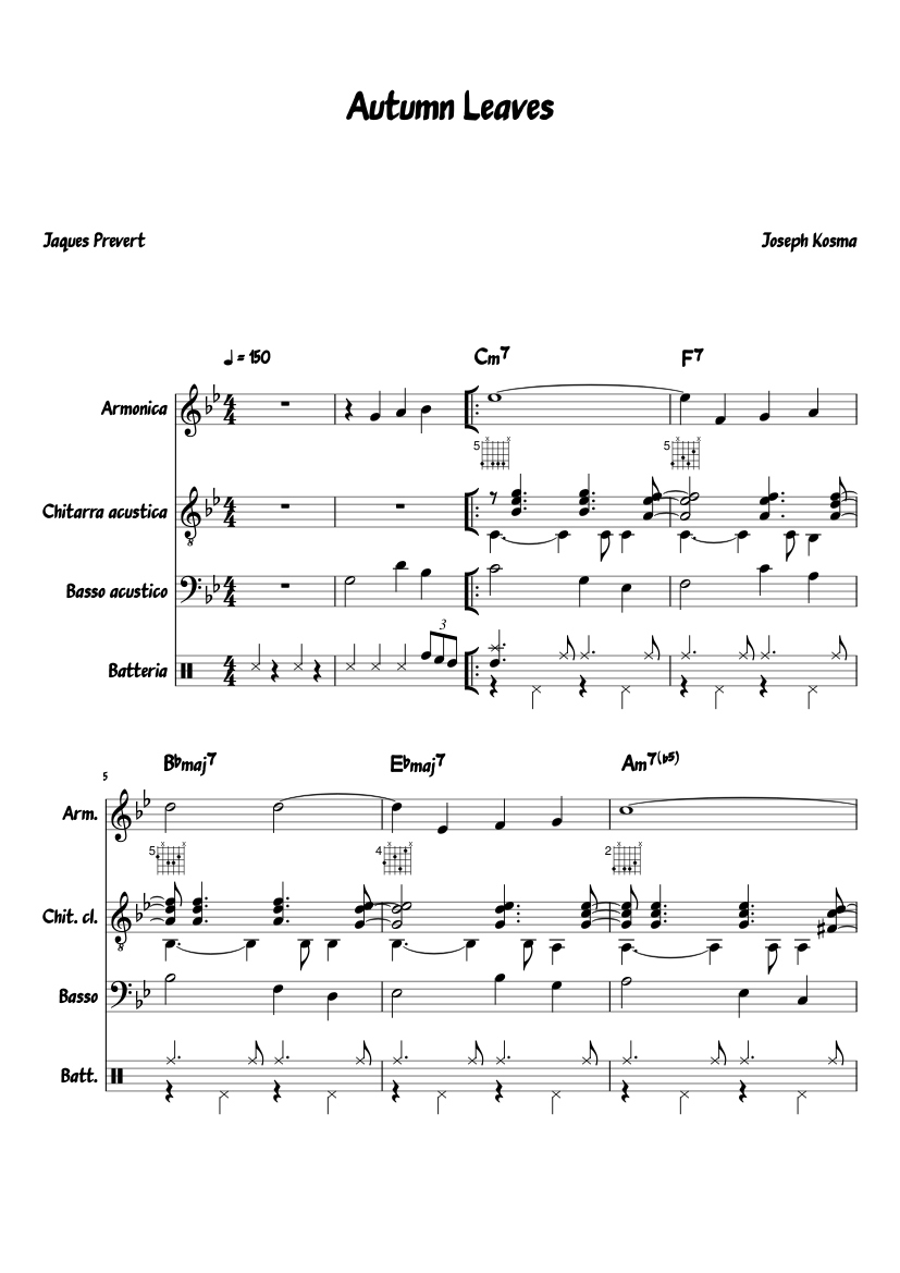 Autumn Leaves Sheet Music for Guitar, Bass guitar, Drum group ...