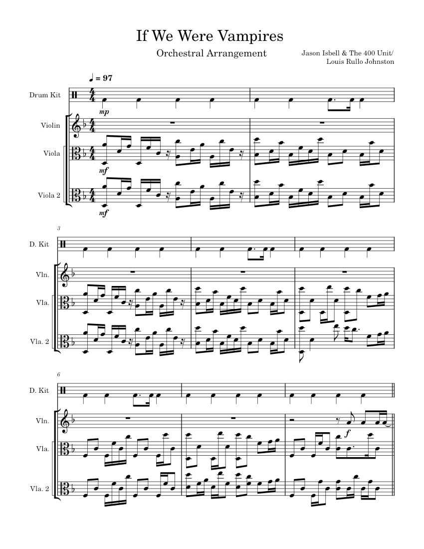 If We Were Vampires – Jason Isbell and The 400 Unit Sheet Music for Violin, Viola, Drum group ...