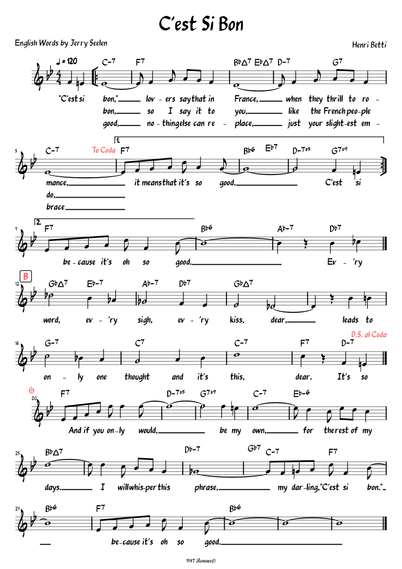 C'est Si Bon (Lead sheet with lyrics ) Sheet music for Piano (Solo) Easy | Musescore.com