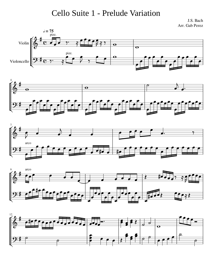 Cello Suite 1 - Prelude Variation Sheet music for Violin, Cello (String ...