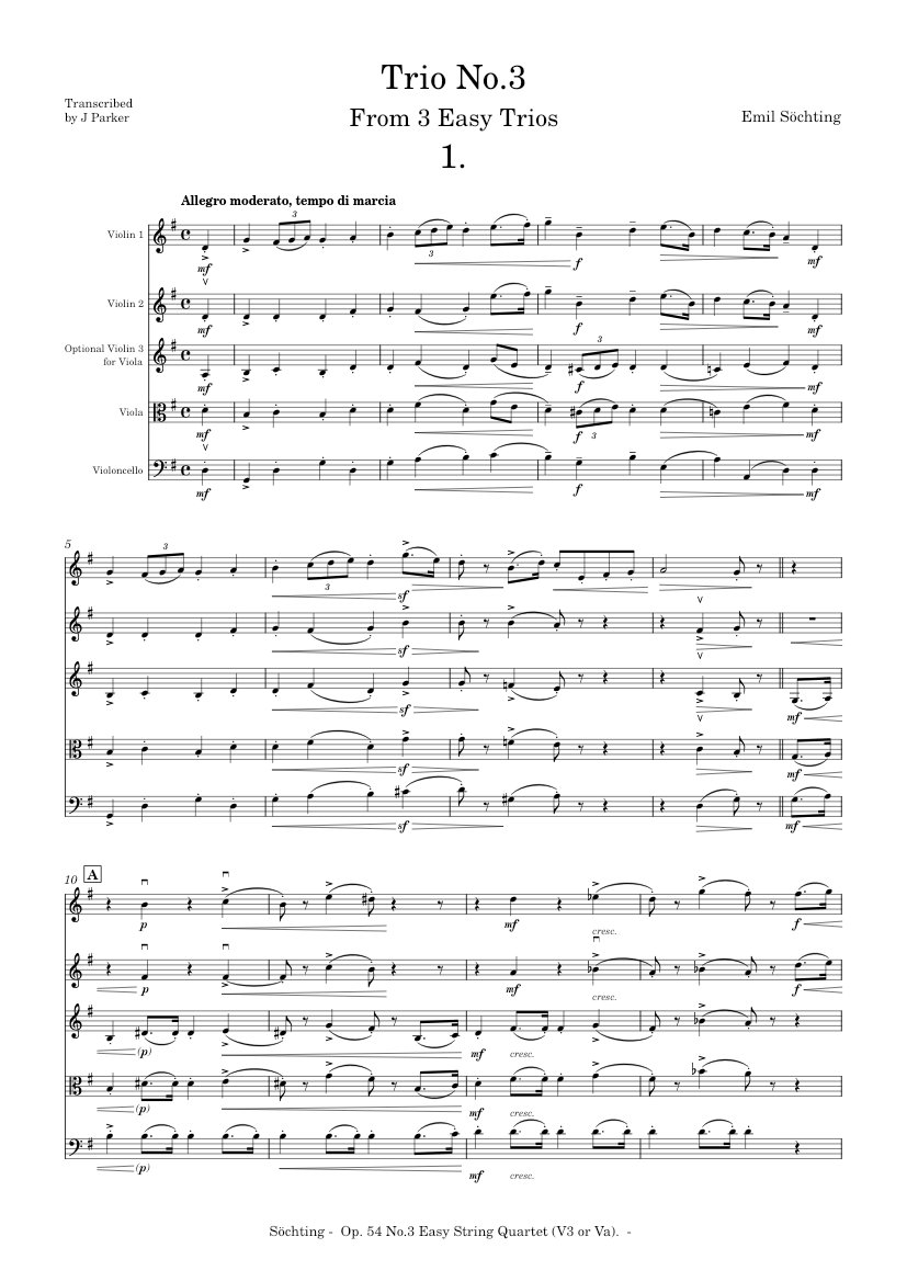 Easy Trios - Op.54, No. 3 arr String Quartet (with optional Vln3) – Emil Söchting SCORE (V3=Va ...