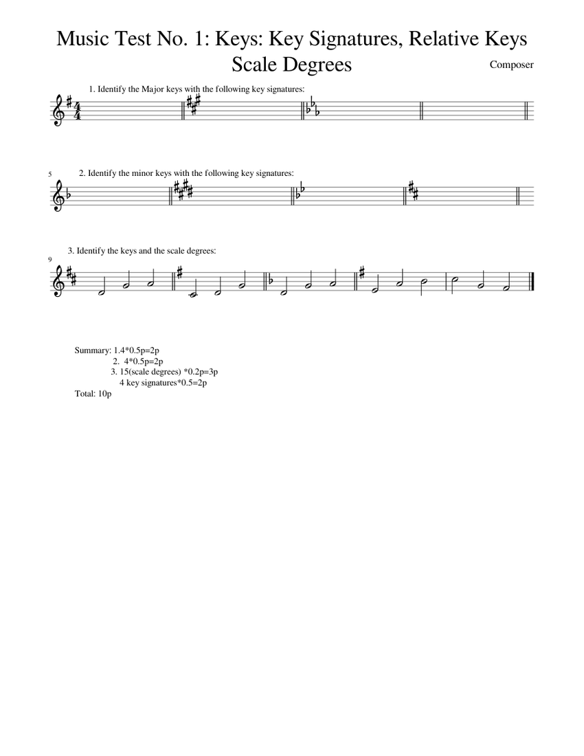 Music Test No. 1 Keys Key Signatures, Relative Keys Scale Degrees Sheet ...