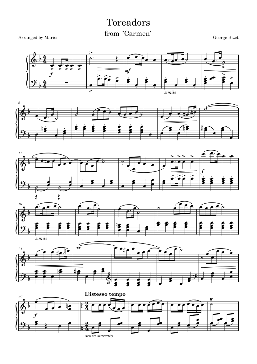 Toreador March – Georges Bizet Sheet Music for Piano (Solo) | MuseScore.com