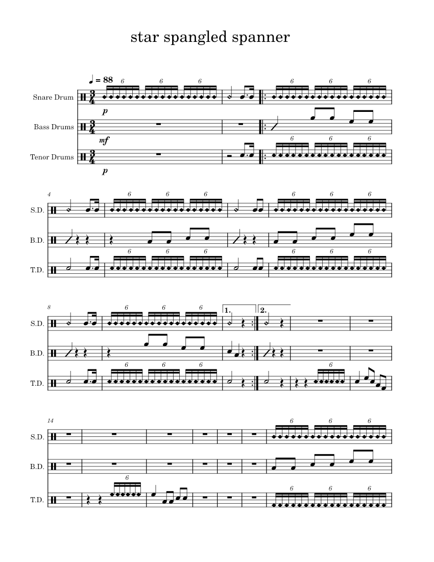 star spangled spanner Sheet music for Snare drum, Tenor drum, Bass drum ...