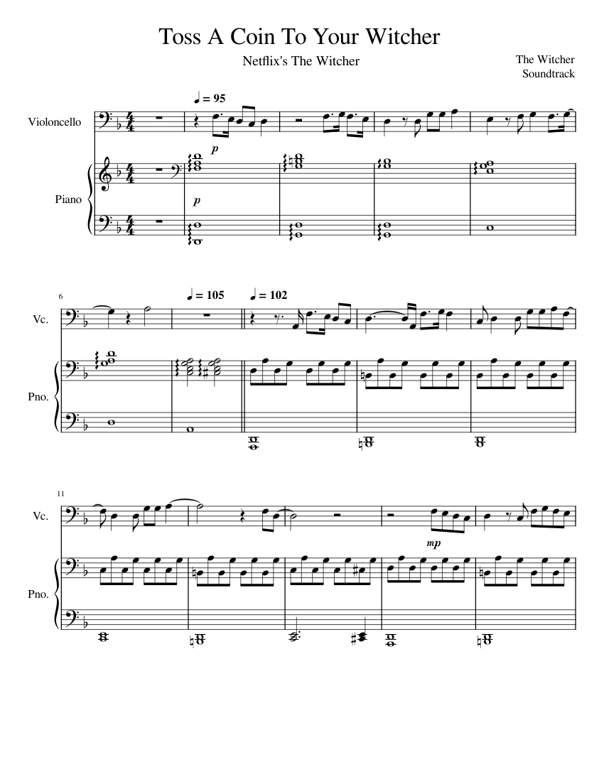 Toss A Coin To Your Witcher Sheet music for Piano, Cello (Solo ...