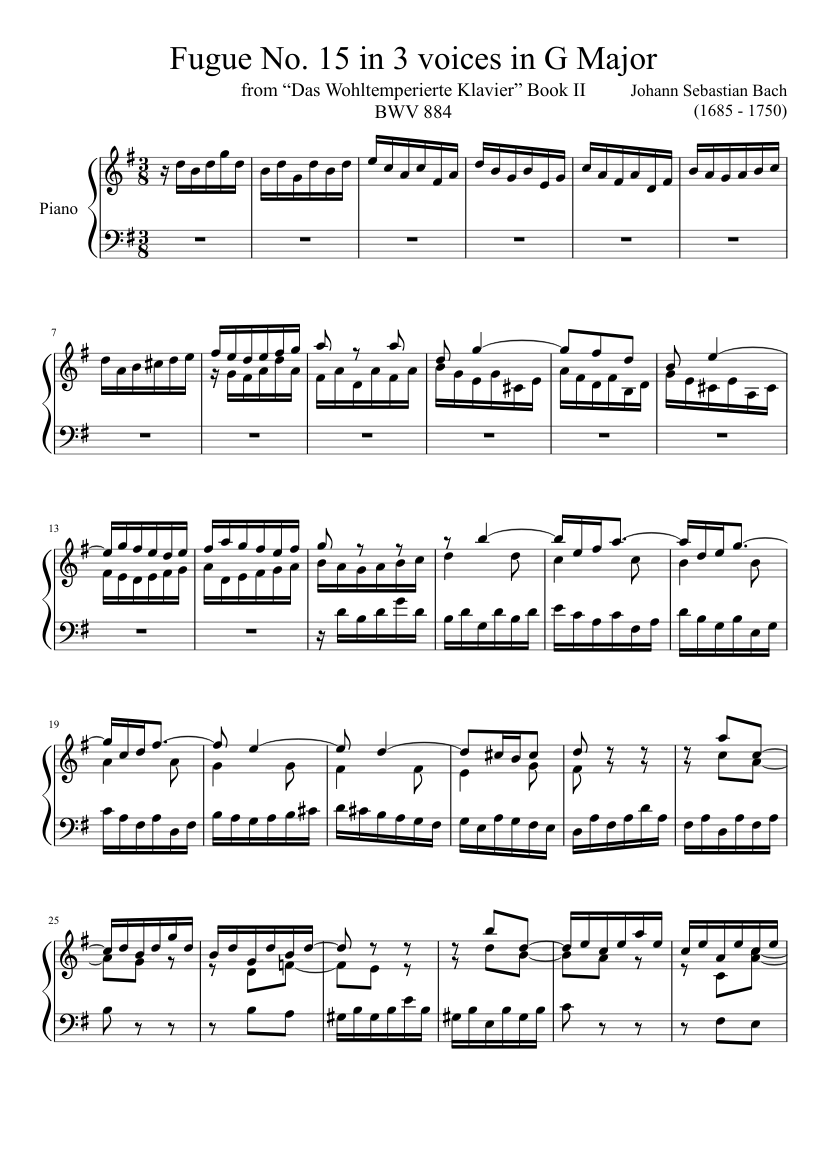 Fugue No. 15 BWV 884 in G Major Sheet Music for Piano (Solo ...