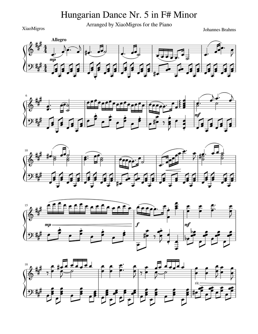 Hungarian Dance Nr. 5 in F# Minor Sheet music for Piano (Solo ...