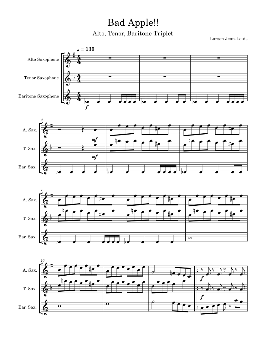 Bad Apple!! Sheet Music for Saxophone alto, Saxophone tenor, Saxophone ...