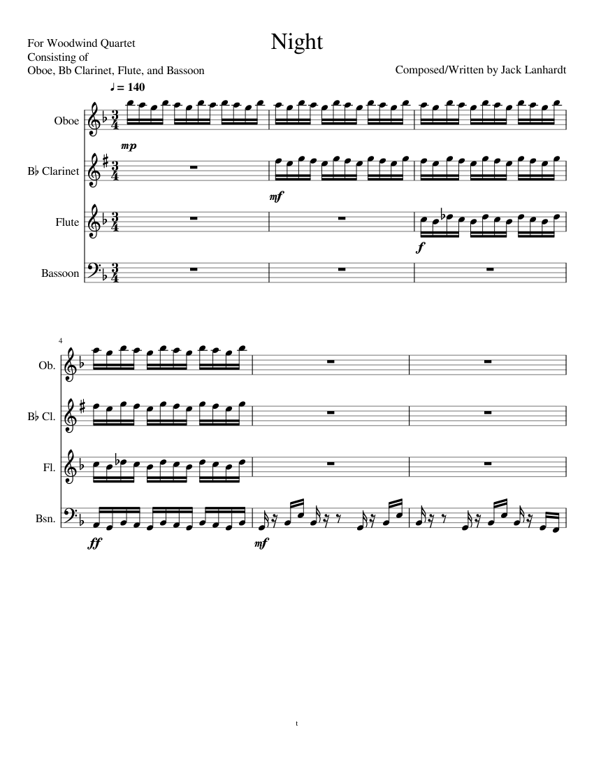 Night Sheet music for Flute, Oboe, Clarinet in b-flat, Bassoon ...