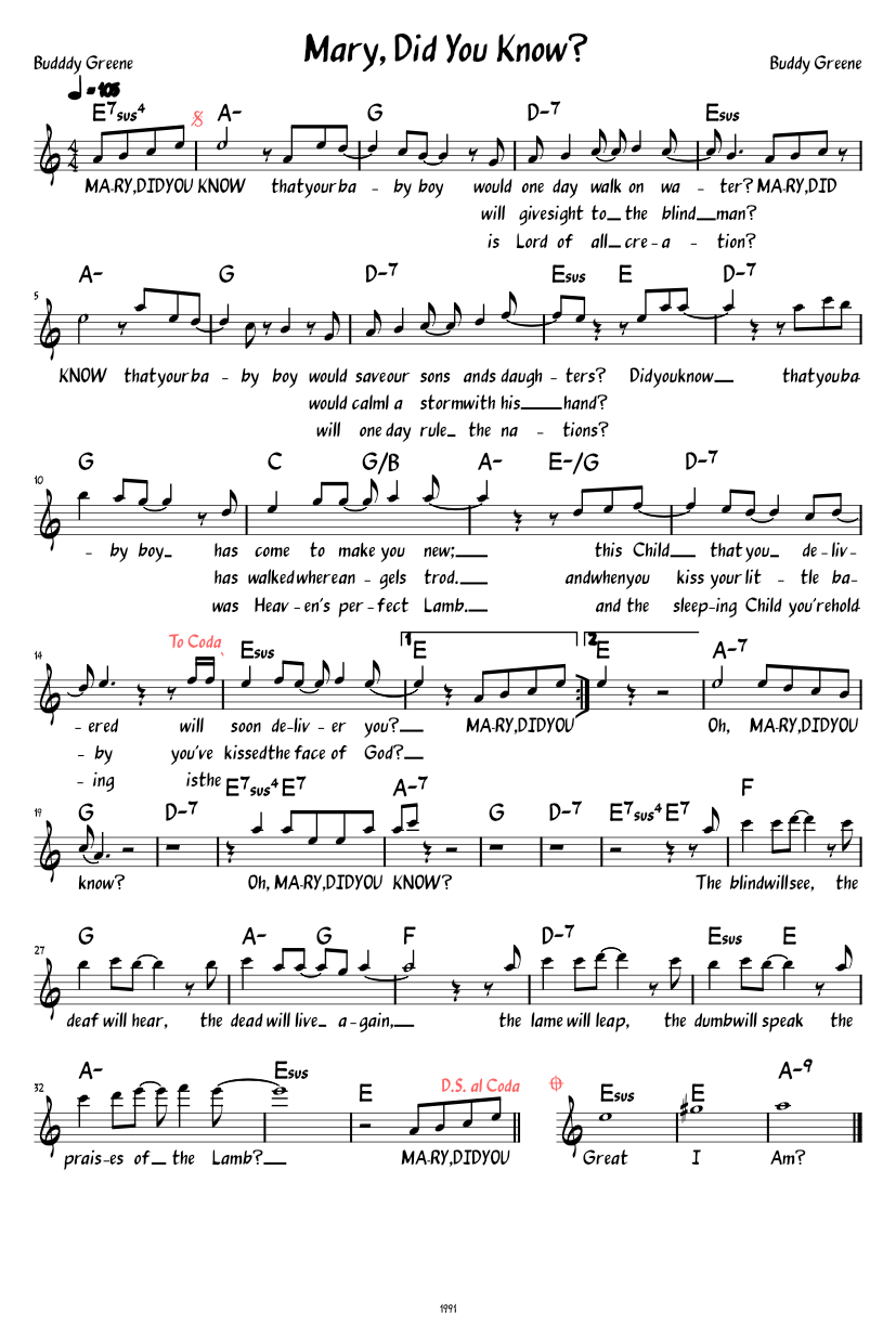 Mary, Did You Know? (Lead sheet with lyrics ) Sheet Music with Chords ...