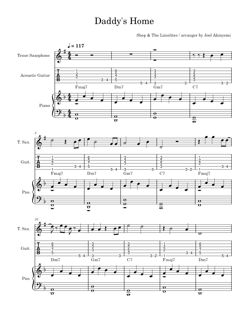 Daddy's Home Sheet Music and Tab with Chords for Piano, Saxophone tenor ...