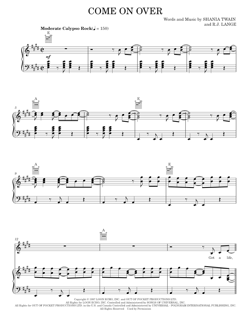 Play Official version of Come on over Sheet Music by Shania Twain for ...