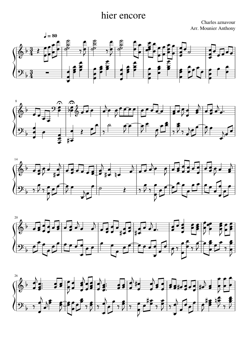 Hier encore – Charles Aznavour Sheet music for Piano (Solo) | Musescore.com