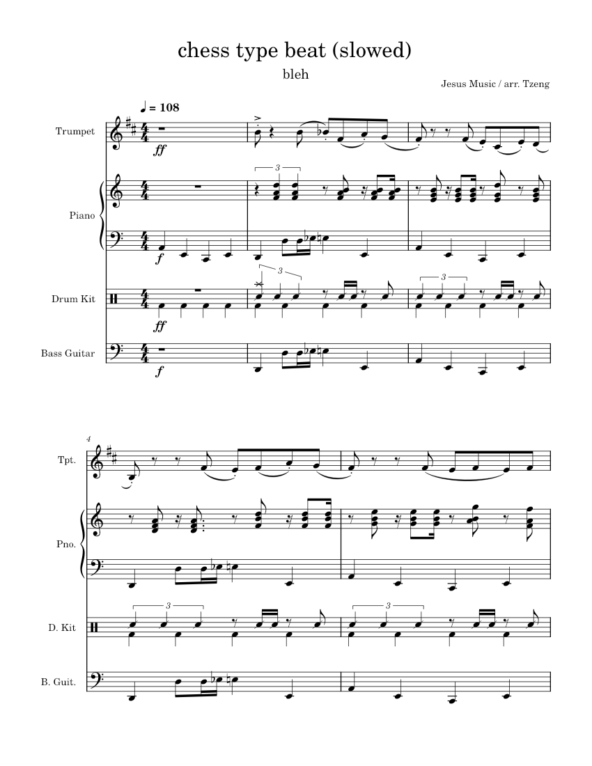 Chess Type Beat - Slowed Sheet Music for Piano, Bass guitar, Drum group ...