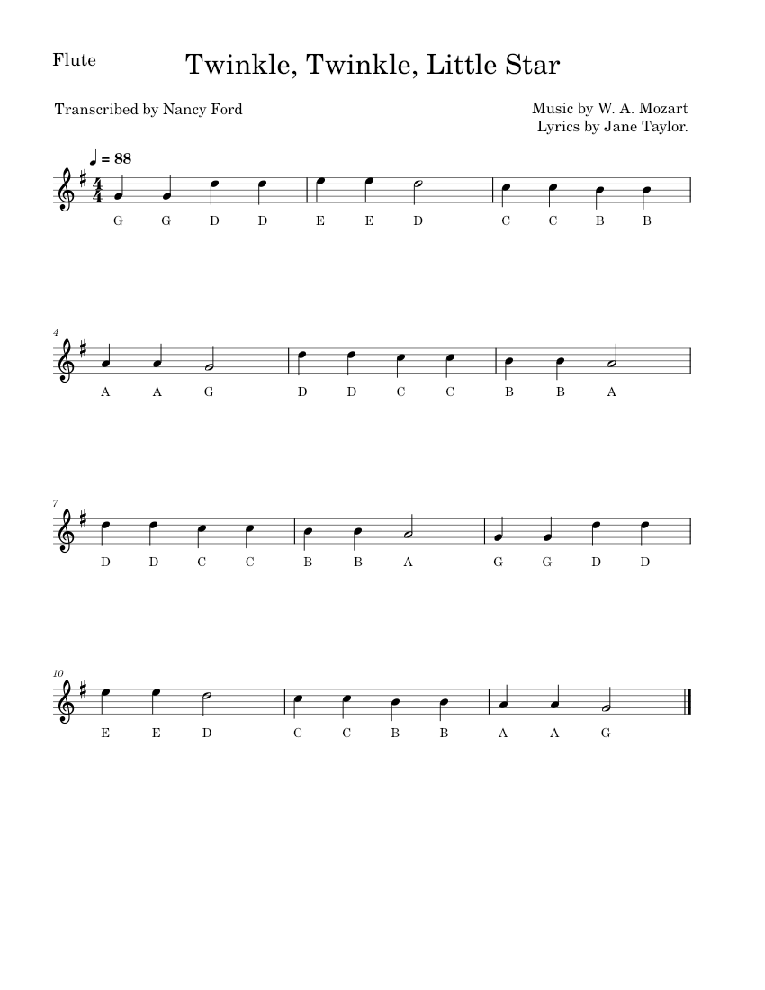 Twinkle, Twinkle ,Little Star – Wolfgang Amadeus Mozart (Easy Flute ...