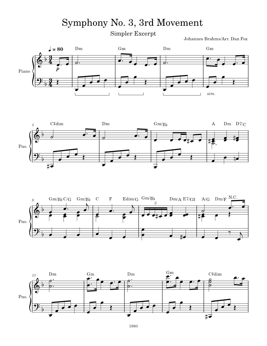 Symphony No. 3, Third Movement Theme – Johannes Brahms Sheet music for ...