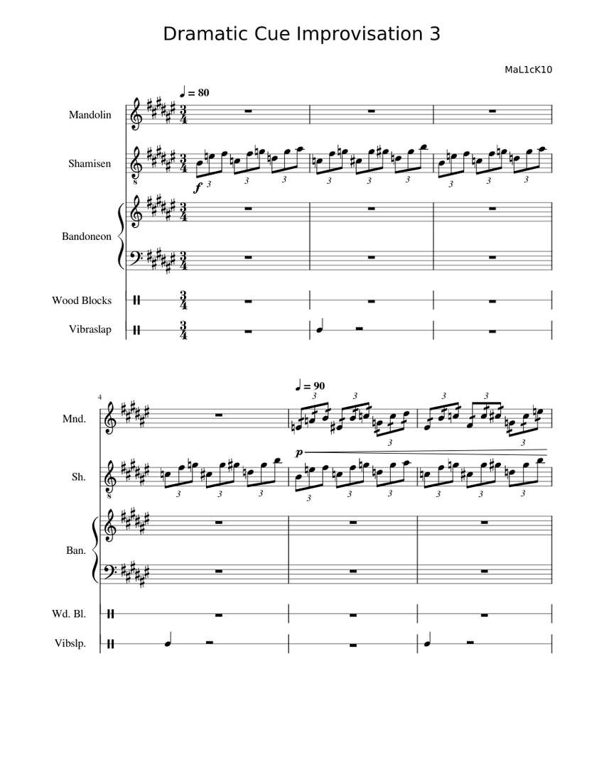 Dramatic Cue (Improvisation 3) Sheet music for Bandoneon, Mandolin, Woodblock, Vibraslap & more ...