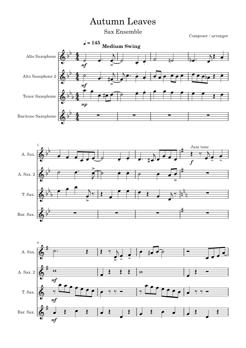 Autumn Leaves Sax Ensemble Sheet Music for Saxophone alto, Saxophone ...