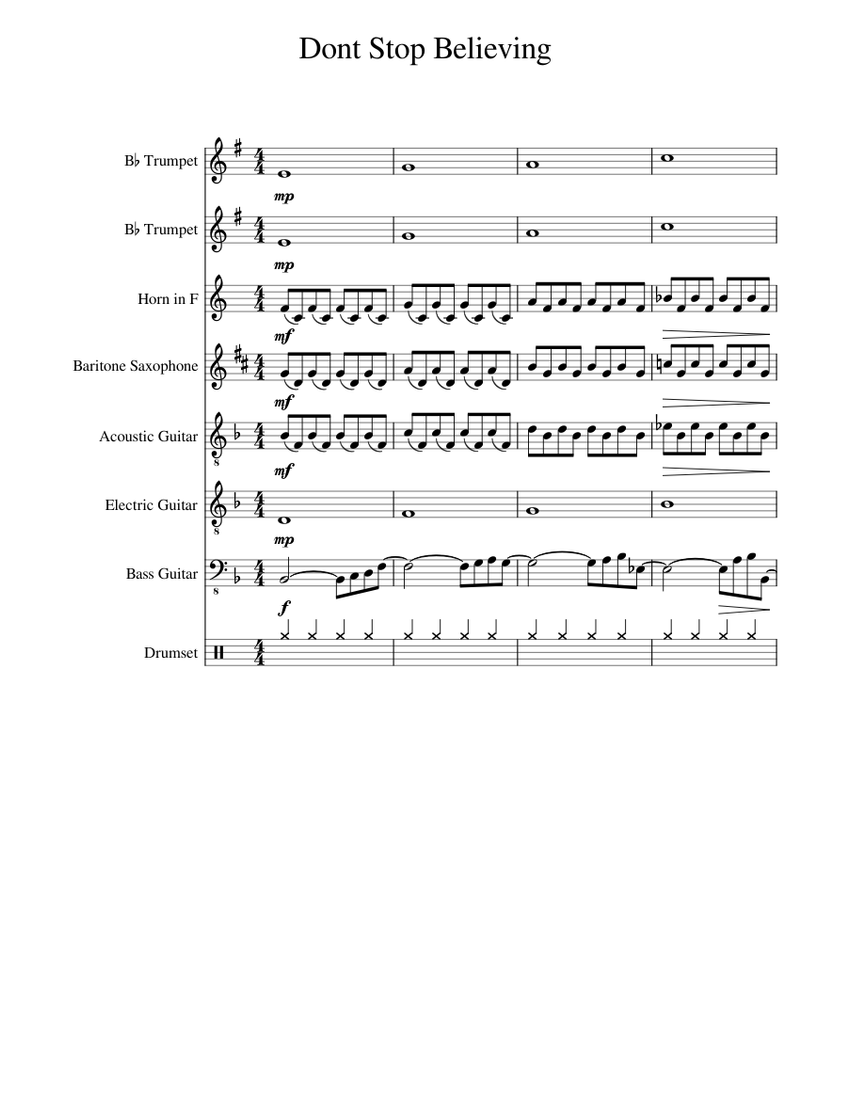 dont stop believing Sheet music for Saxophone baritone, Trumpet in b-flat, French horn, Guitar ...