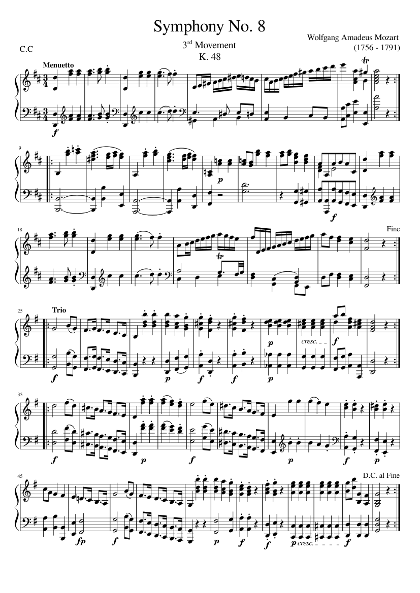 Symphony no. 8, K 48 3rd Movement – Wolfgang Amadeus Mozart Sheet Music for Piano (Solo ...