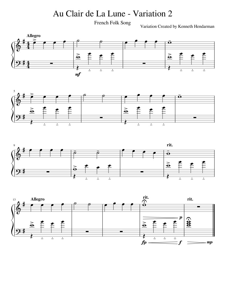 Au Clair de La Lune - Variation 2 Sheet music for Piano (Solo) Easy ...