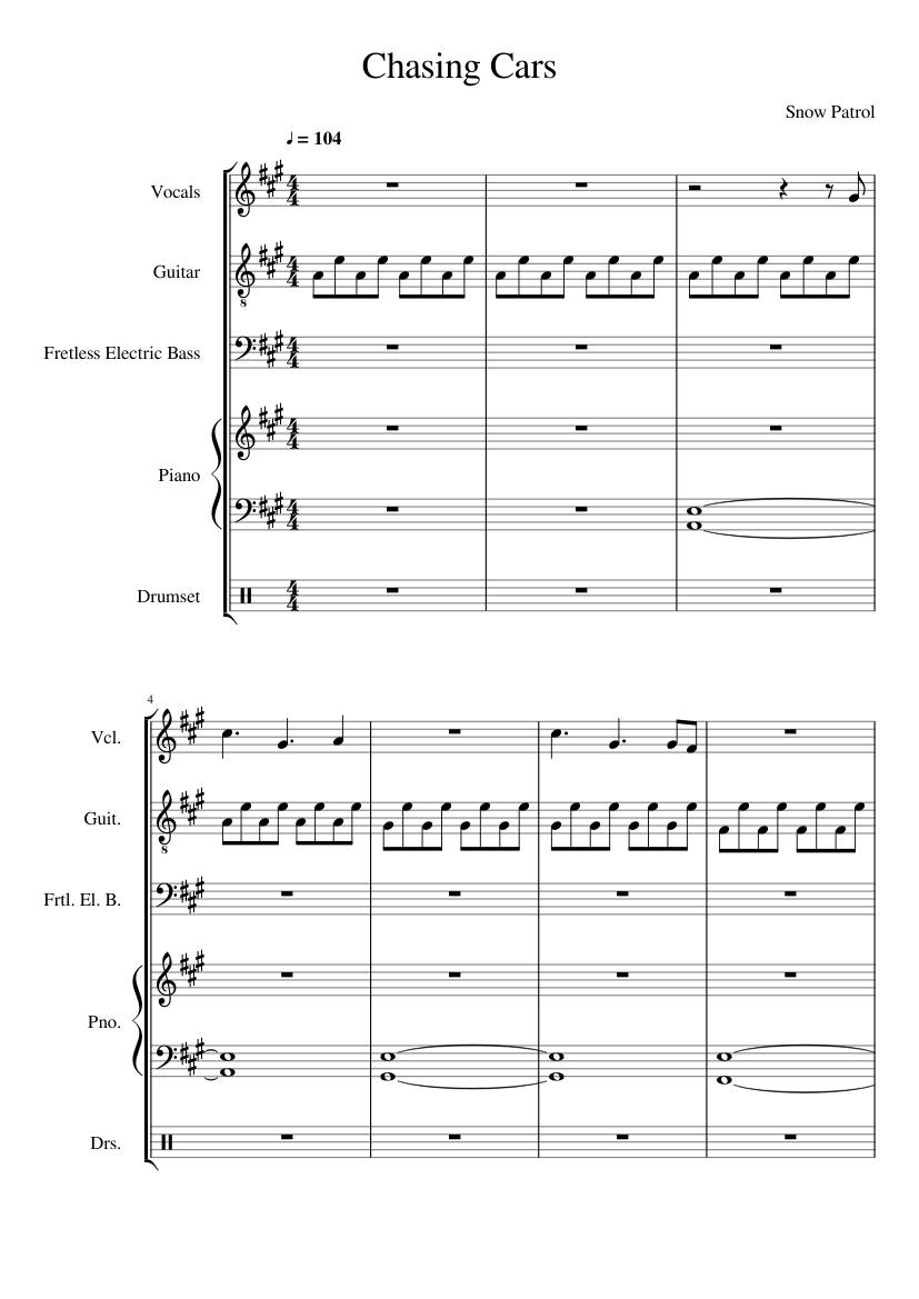 Chasing Cars Sheet Music for Piano, Guitar, Bass guitar, Drum group ...
