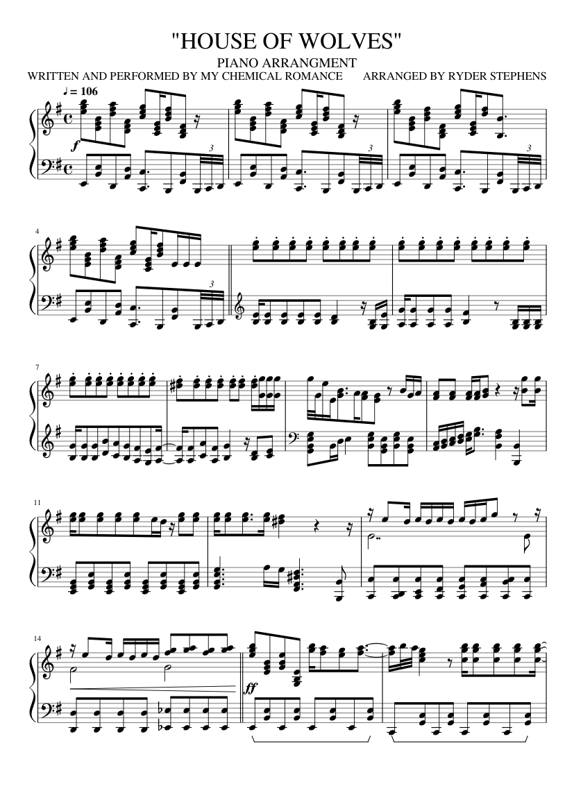 "HOUSE OF WOLVES" - MY CHEMICAL ROMANCE - PIANO ARRANGEMENT Sheet Music ...