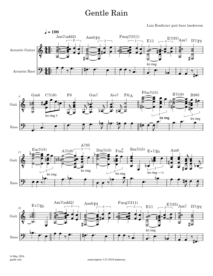 Gentle rain – Luiz Bonfá Sheet Music with Chords for Guitar, Bass ...