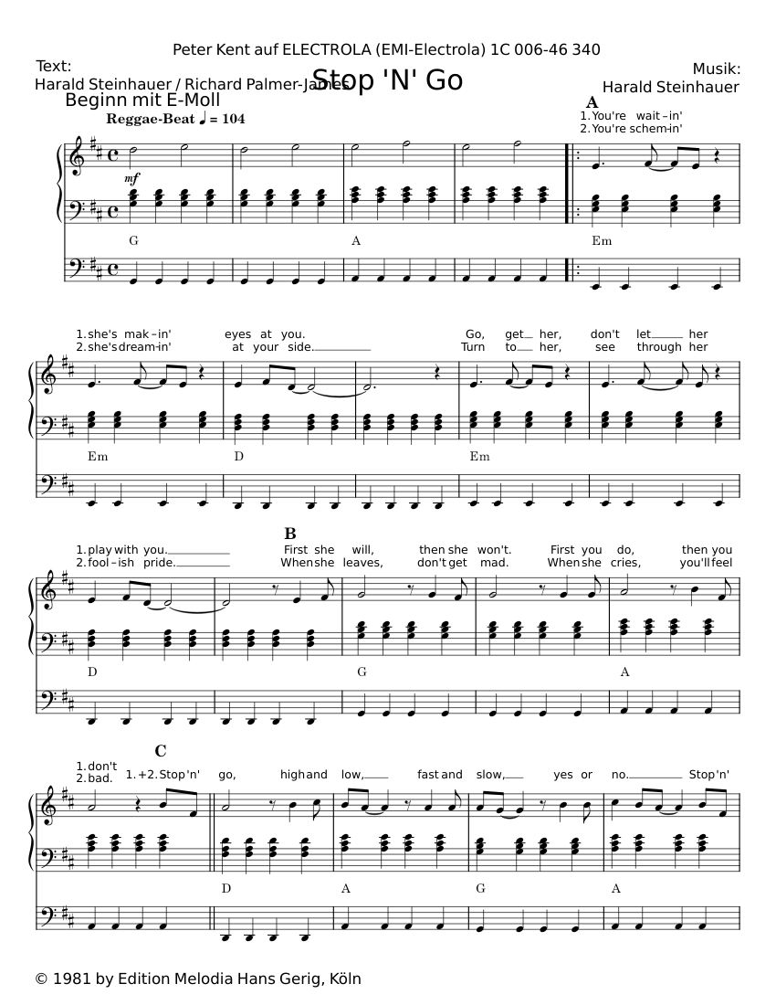 Stop 'N' Go – Harald Steinhauer;Richard Palmer-James;Peter Kent Sheet music for Piano ...