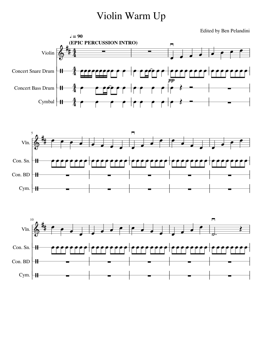 Violin Warm Up V2 Sheet music for Snare drum, Crash, Violin, Bass drum ...