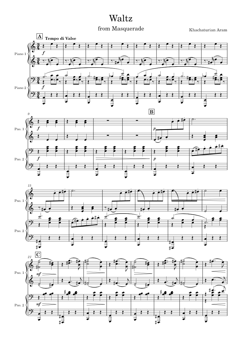 Waltz to the drama Masquerade – Aram Khachaturian Sheet Music for Piano ...