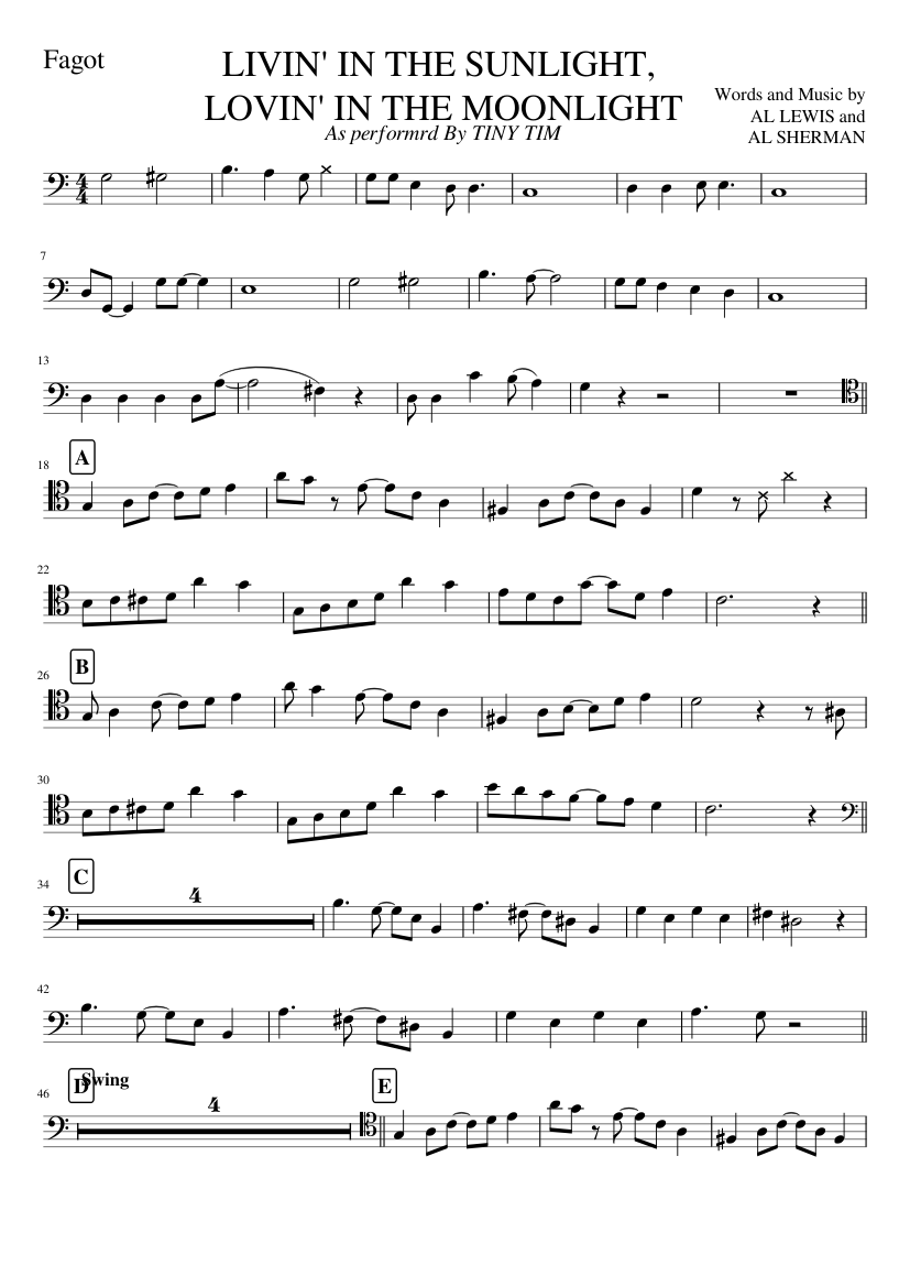 LIVIN' IN THE SUNLIGHT, LOVIN' IN THE MOONLIGHT bassoon solo Sheet ...