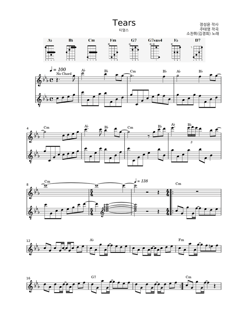 Tears – 소찬휘 Sheet music for Piano, Clarinet in b-flat, Guitar (Solo ...